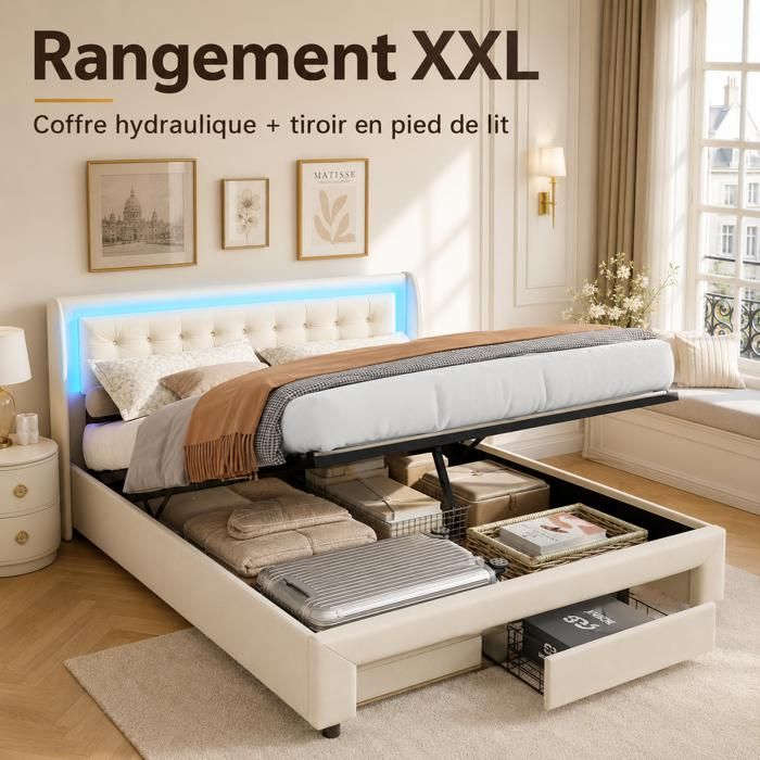 Lit coffre hydraulique 160x200 avec 2 tiroirs de rangement - Tête de ...