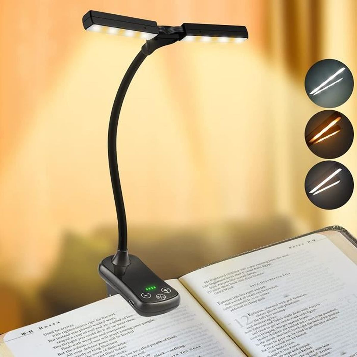 Lampe de Lecture Double Tête 14 LEDs, Liseuse Lampe Clip USB Rechargeable, Lumière du Livre 360 ...