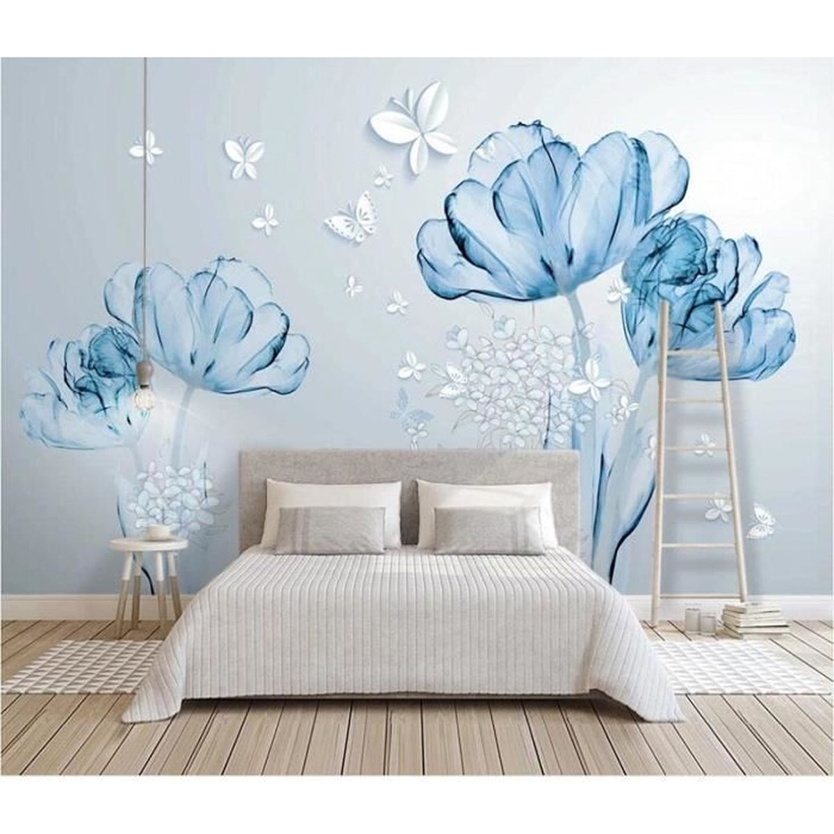Papier Peint Panoramique 3D Papillon Fleurs Bleu Transparent Belle ...