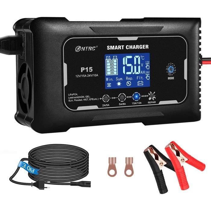 HTRC Chargeur Batterie Voitures 15A, Chargeur Batterie 12V/24V, 7 Étapes Chargeur de Batterie ...