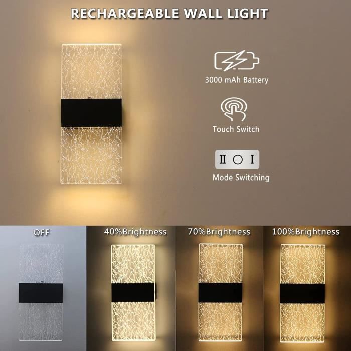 Applique Murale Chambre LED à Piles, Lampe Murale Rechargeable USB Lampe de Chevet Murale Sans ...