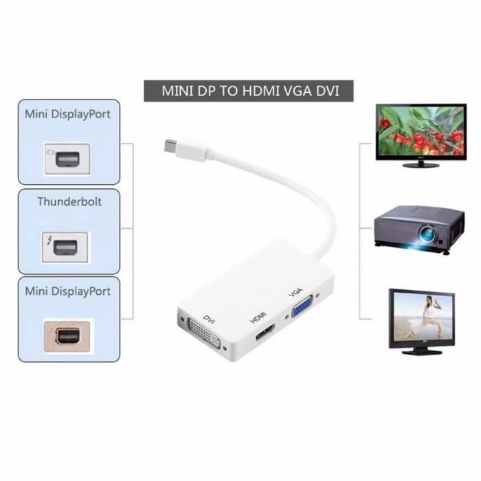 3 en 1 Thunderbolt Mini Display Port MINI DP mâle à HDMI DVI VGA ...