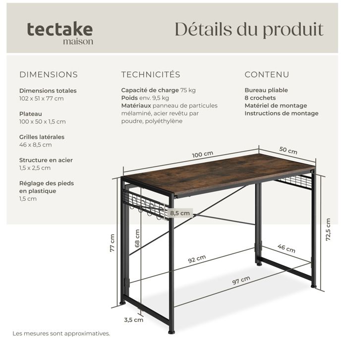 Bureau - TECTAKE - Table de bureau PATERSON pliable en bois et acier ...