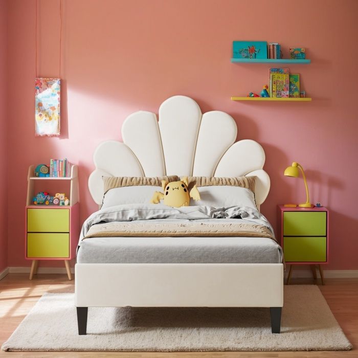 Lit enfant capitonné 90 x 200 cm, cadre de lit avec tête de lit fleurie ...