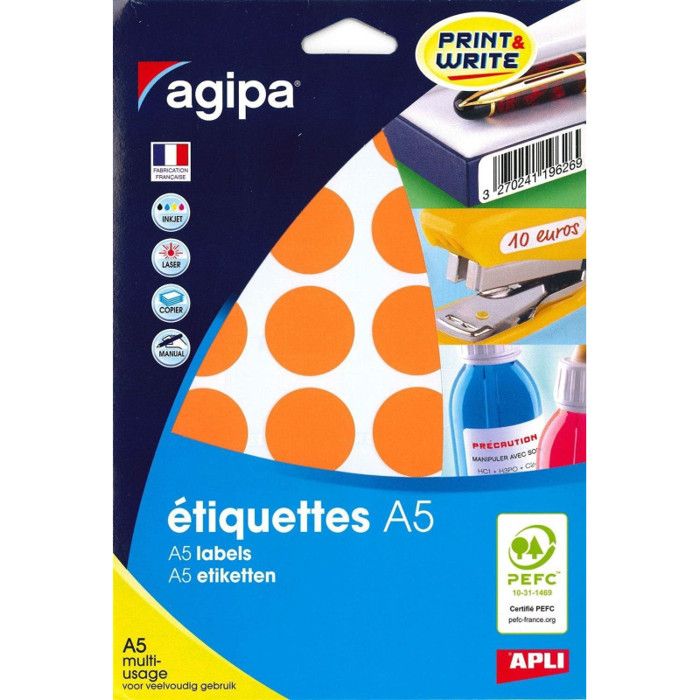 Etui A5 - AGIPA - 240 Pastilles Gommettes Rondes - Orange - Diamètre 30 ...