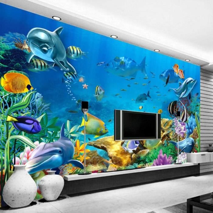 Papier Peint Panoramique Bleu Poisson De Haute Mer Herbe Aquatique ...