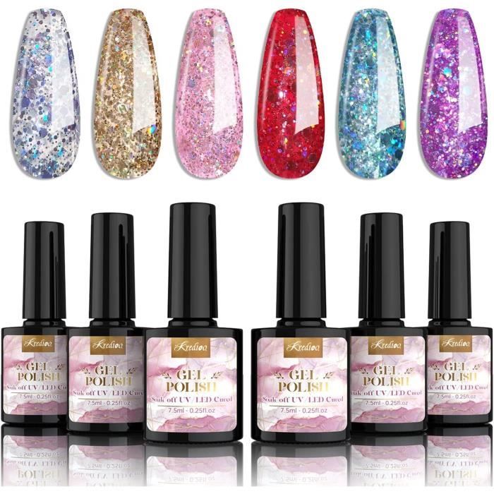 6 Couleurs Vernis Semi Permanents Pailleté 7.5ml Vernis à Ongles Gel ...