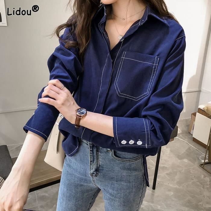 Chemise,Chemisier à col rabattu et poches pour femme, vêtement de ...