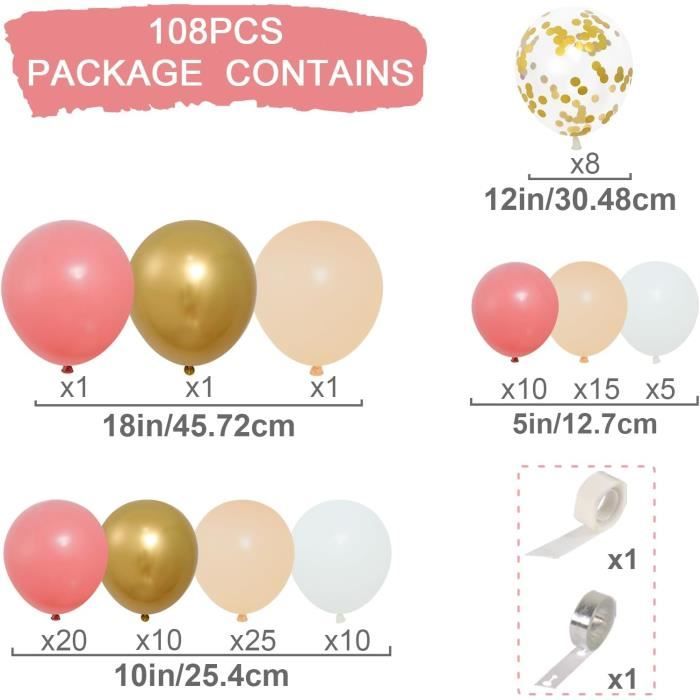 Arche Ballons Anniversaire, Arche De Ballon Rose Blanc Or, 108 Pièces ...