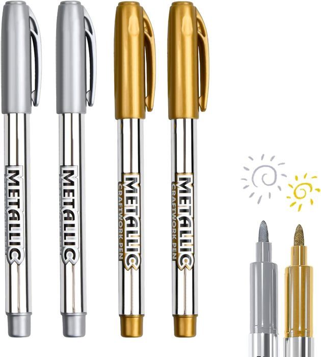 4pcs Or et Argent Stylos Marqueurs Métalliques, 550 Marqueur Peinture ...
