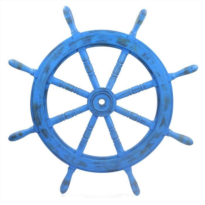 Roue De Bateau De 24 "En Bois Fabriqué À La Main, Nautique Bleu Antique | Décoration Murale Pour ...