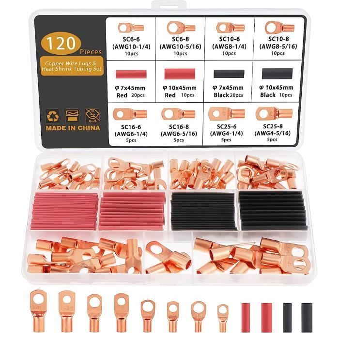 120pcs Cosse a Sertir 6-10-16-25mm²,8 Tailles M6 M8 Cosse Batterie a Sertir,Cosse Electrique ...