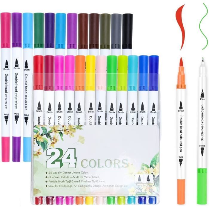 24 Couleurs Feutres Coloriage Adulte Enfants, Feutre Double Pointe ...