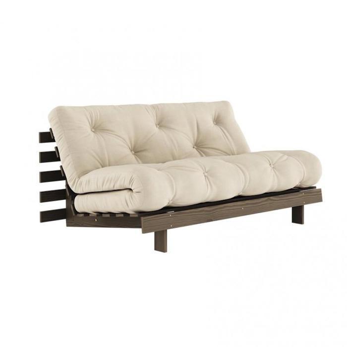 Canapé convertible futon ROOTS pin carob brown matelas beige couchage ...