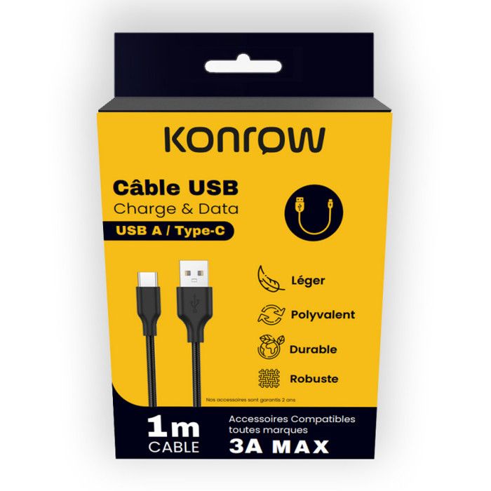Konrow KCATCNB1 - Câble USB Type A vers Type C - 1m - Nylon - Noir (Blister) - Cdiscount ...