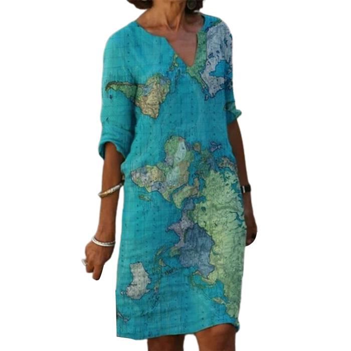 ROBE Femmes Robe Carte Imprimer V Cou Spring Spring Automne Vintage ...