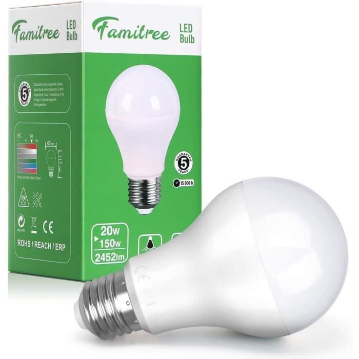 Ampoule LED E27, 20W équivalent 150W, Blanc Chaud 3000K, 2452LM Super Brillant, Famitree ...