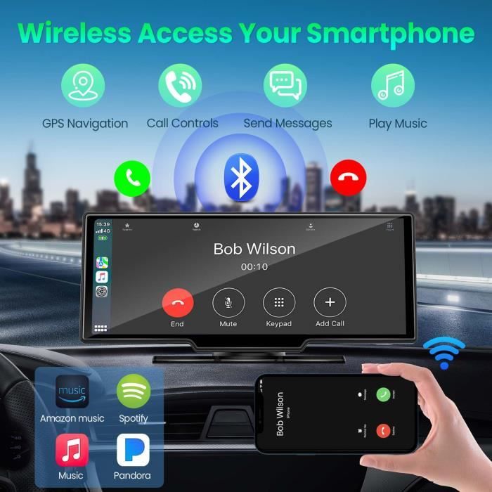 Sans Fil Apple Carplay Android Auto Stéréo de Voiture Dashcam Avant 2K ...