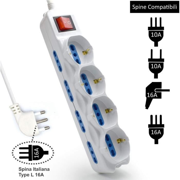 Bloc Multiprise 12 Prises, 8 Prises Italiennes 10A-16A + 4 Prises Schuko (Allemandes) - Fiche ...