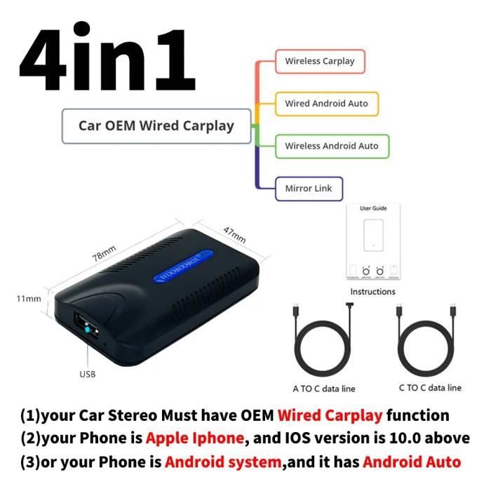 BOÎTE AI Carplay 4 en 1 - Adaptateur CarPlay Ai Box pour autoradio OEM, 4 en 1, Sans fil, USB ...