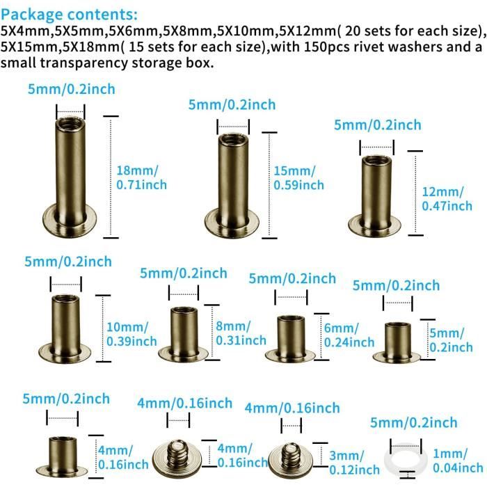 150 Ensembles De Rivets 8 Tailles De Vis Chicago Avec Rondelle Rivet ...