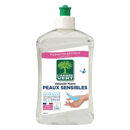 LOT DE 2 - L'ARBRE VERT Liquide vaisselle et mains peaux sensibles - flacon de 500 ml ...