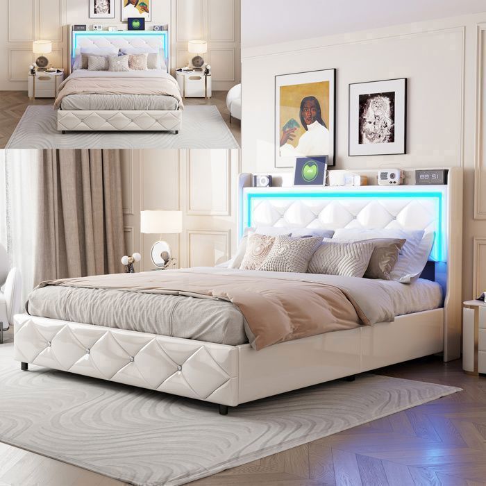 Lit 160x200 cm - LED - USB - tissu en PU - lit adulte 160x200 cm ...