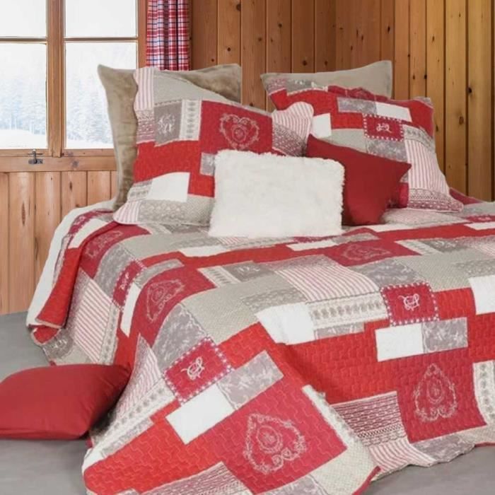Couvre lit Boutis Courchevel rouge 260x260 - Cdiscount Maison