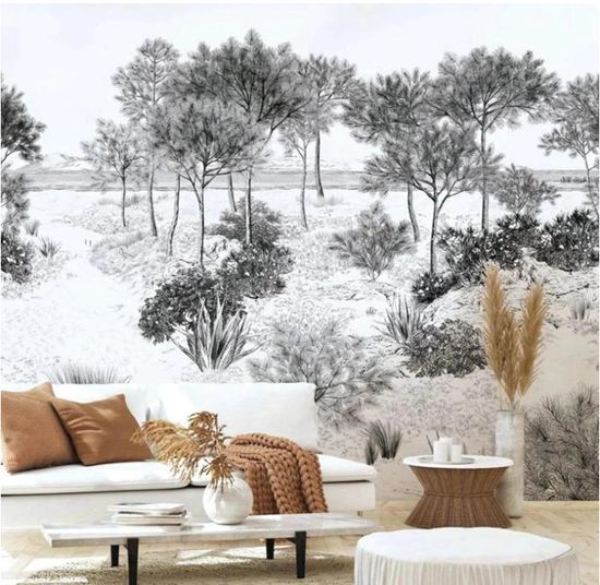 Papier Peint noir et blanc paysage de dunes pins buissons papiers ...