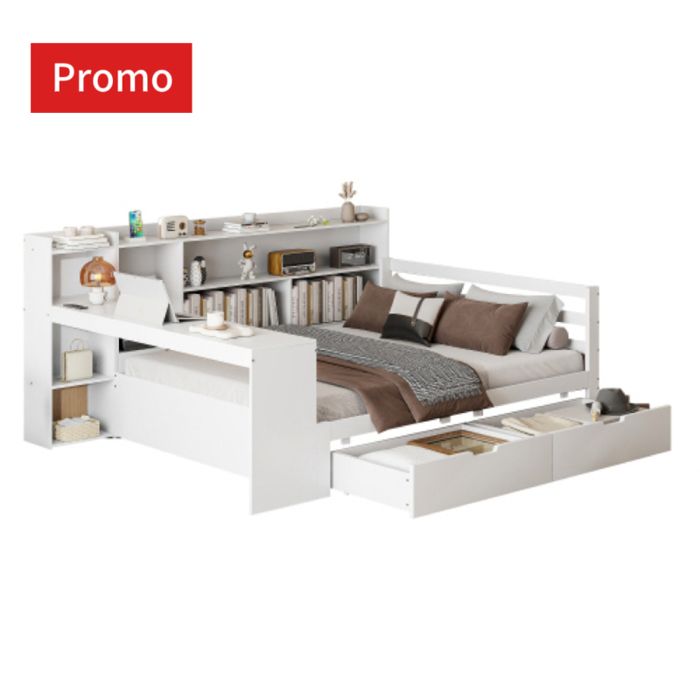 Lit double 140x200cm Canapé-lit Lit adulte en bois massif avec bureau ...