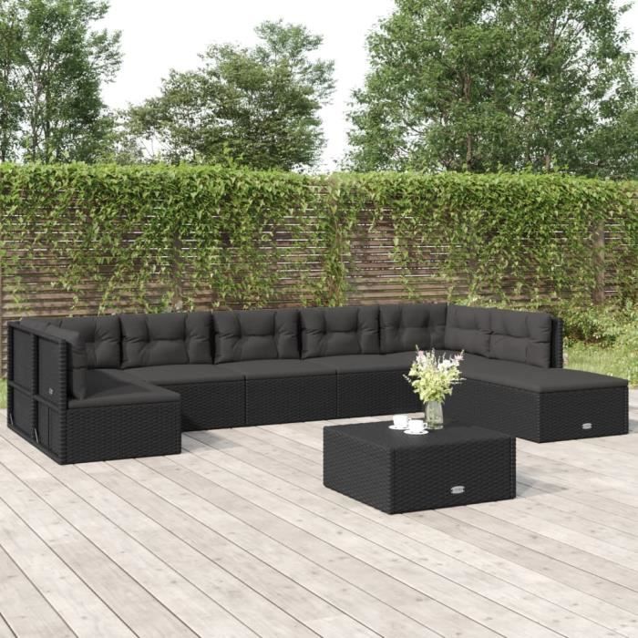 Ayhao Salon de jardin 8 pcs avec coussins noir résine tressée A3187162 12367 - Cdiscount Jardin