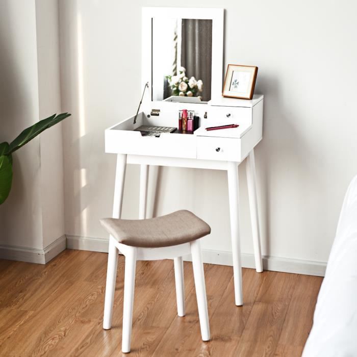Coiffeuse Table De Maquillage Avec Miroir Rabattable Tabouret Bo te De