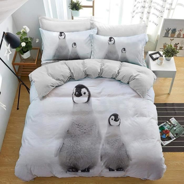 Housse de Couette 3D Imprimé Parure de lit Pingouin Gris Animal ...