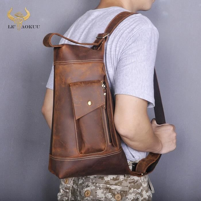 Sac banane,en cuir Crazy horse pour hommes,décontracté,à la mode,Design ...