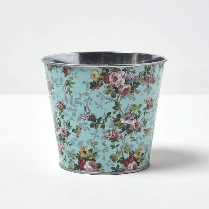 Cache-pot en zinc bleu à motif floral - HOMESCAPES - Rectangulaire ...