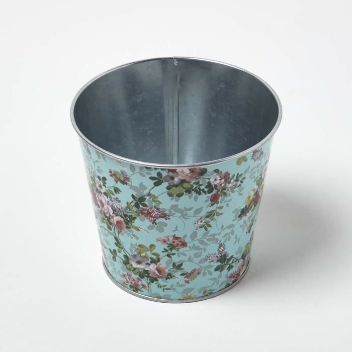 Cache-pot en zinc bleu à motif floral - HOMESCAPES - Rectangulaire ...