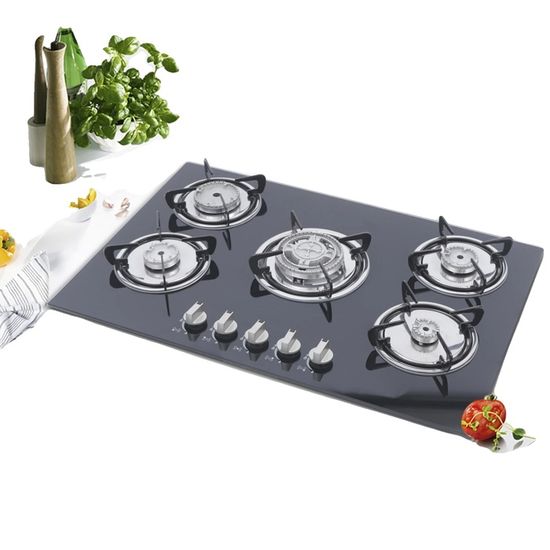 Table de cuisson à gaz, 5 brûleurs, surface en verre trempé, contrôle ...