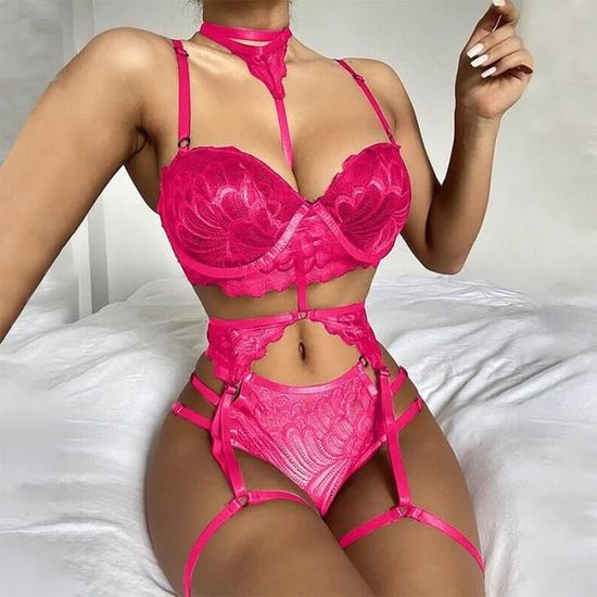 Femme Ensemble Lingerie Dentelle Fleurs Brassière Jarretière Cou