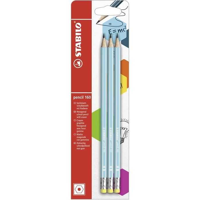 Stabilo 160Crayon graphite HB avec embout gomme–Bleu (Lot de 3)[486 ...