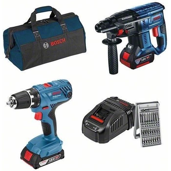 Kit Bosch Pro Perceuse-visseuse GSR 18V-21 + Perforateur GBH 18V-21 + 1 ...