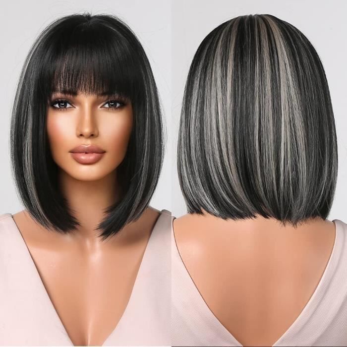Femmes Black Bob Perruque Courte Bob Perruque Avec Frange Blonde Gris ...