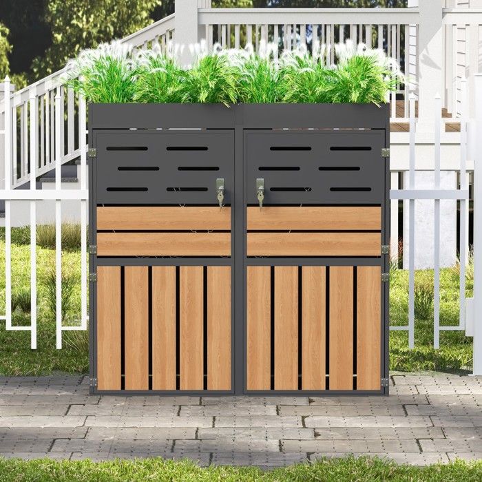 Cache-conteneur Gris 133x80x128cm,acier Galvanisé,2 Compartiments ...