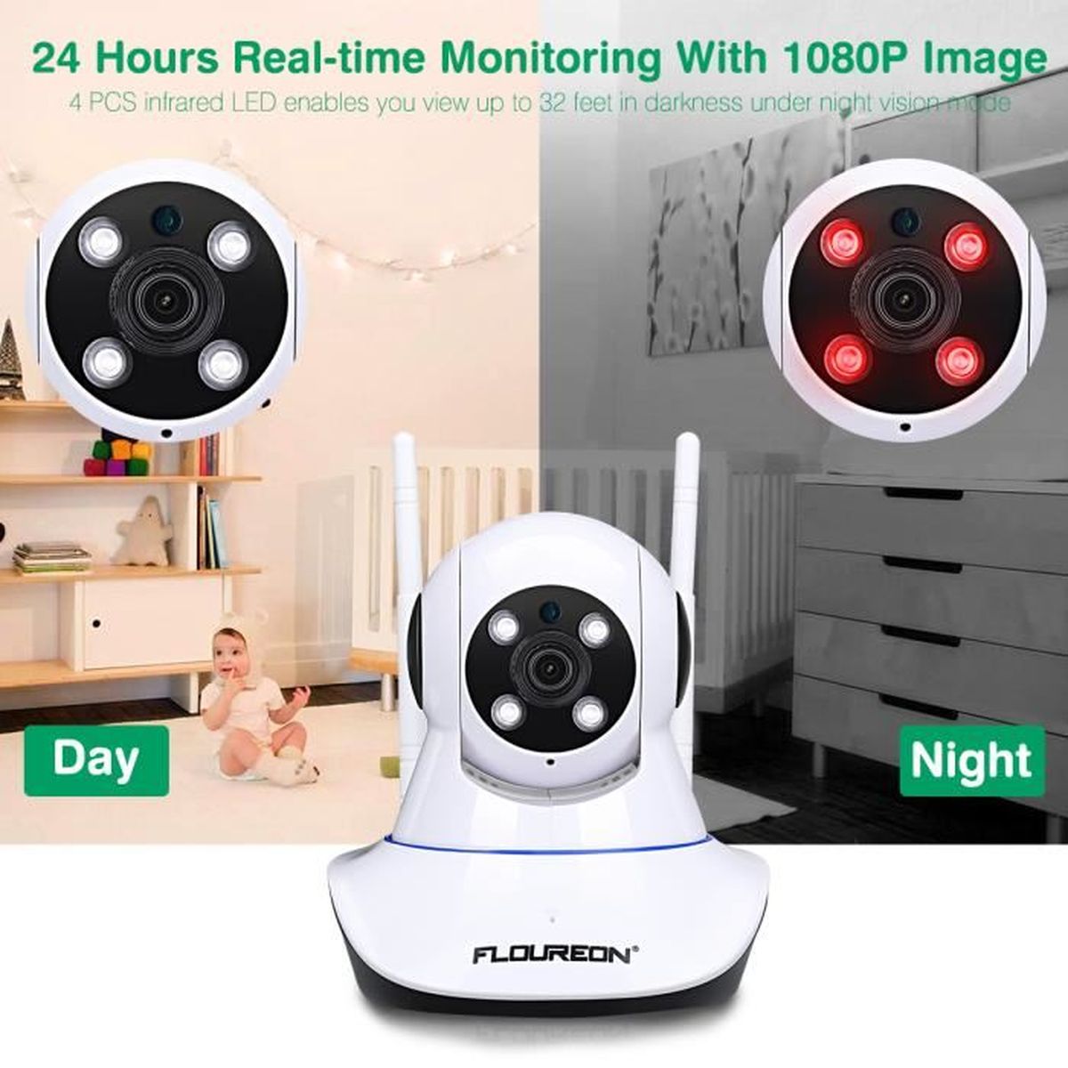 FLOUREON 1080P 2.0MP WiFi IP Caméra Intérieur Surveillance - Cdiscount ...