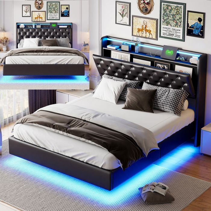 Lit flottant 140 x 200 cm - Lit coffre avec éclairage LED et ports USB ...