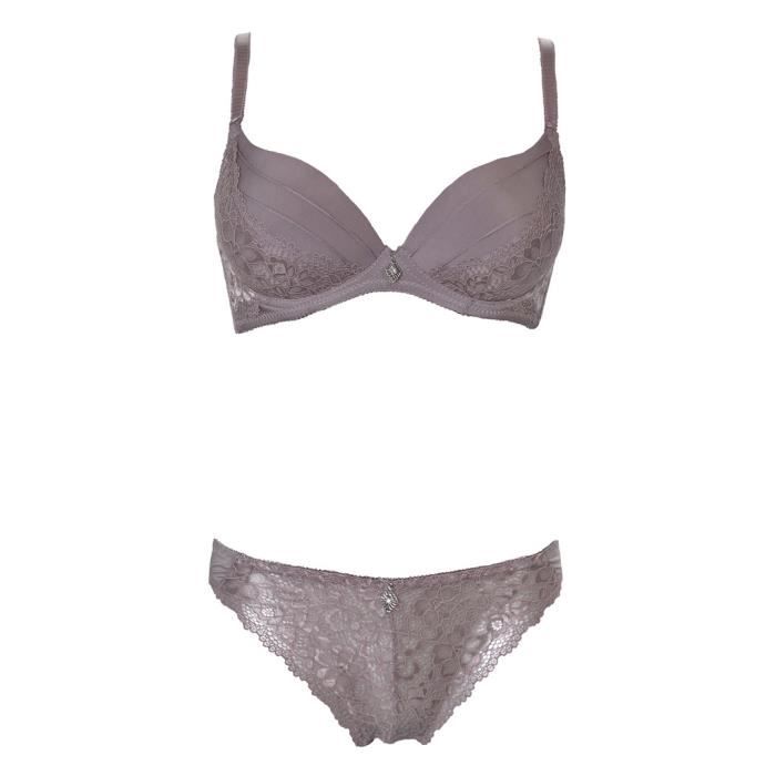 Ensemble Soutien-Gorge Push-Up à Armatures et String Dentelle Violet ...