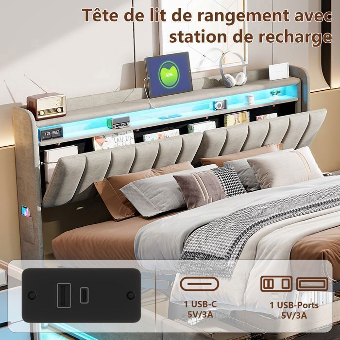 Lit coffre 140x200cm avec LED - USB et Type C - lit 2 place adulte avec ...