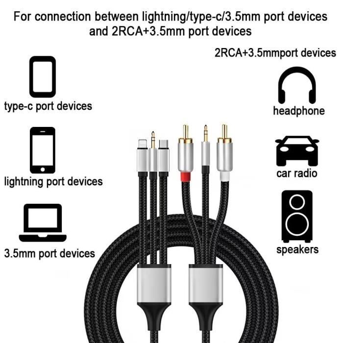 Câble Rca Audio Auxiliaire Adaptateur Lightnin-Usb C-3,5Mm Jack Vers ...
