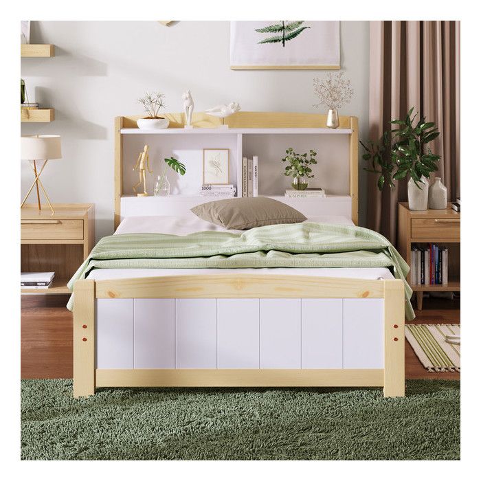Lit simple en bois massif 90 x 200 cm avec tête de lit, Lit 1 Personne ...