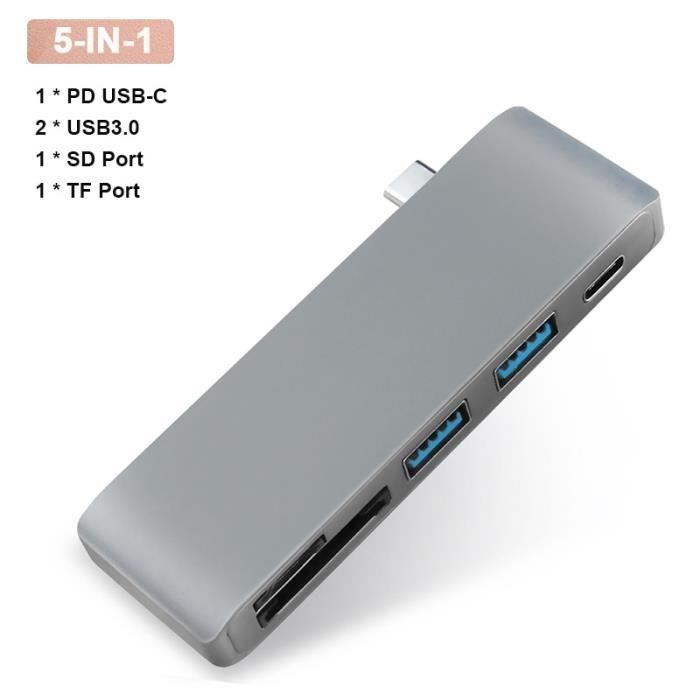 5-en-1 gris - Station d'accueil avec adaptateur USB C Hub Type C avec 2 USB 3.0 TF SD lecteur PD ...