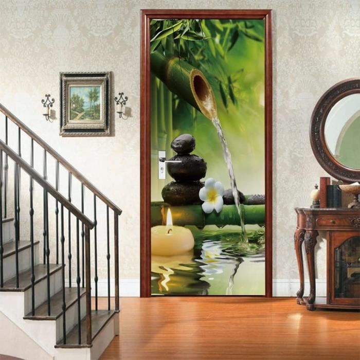 Sticker Porte Poster Bambou Vert Eau Coulante & Zen Papier Peint Trompe ...